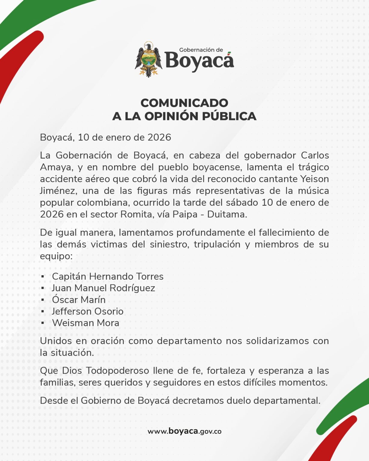 Muerte de Yeison Jiménez y miembros de su equipo: Gobernación de Boyacá ...